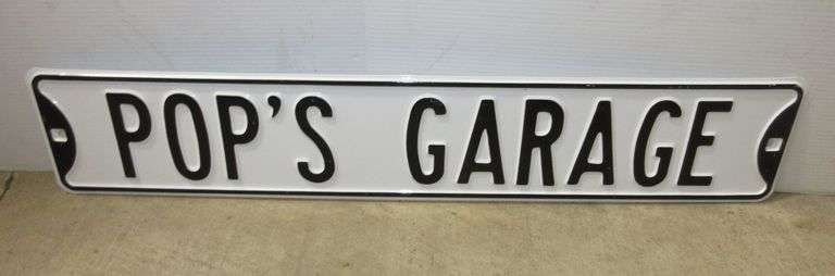 Heavy Metal "Pops Garage" Black and White Wall Sign - Albrecht Auction ...