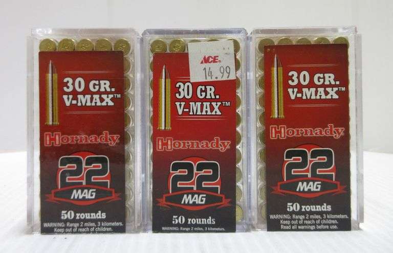(150) Rounds of Hornady V-Max .22 Mag. Rimfire Ammo - Albrecht Auction ...