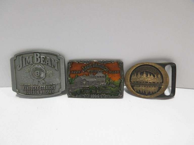 (3) Metal Belt Buckles: 1- Jim Beam, 1- Colored Jack Daniels, and 1 ...
