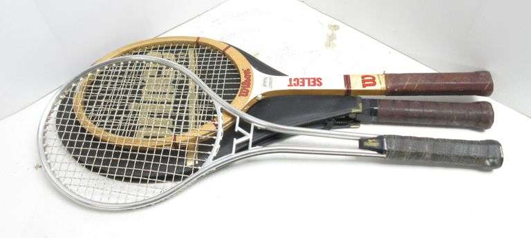 (3) Tennis Rackets: 1- Prince Pro with Case, 1- Wilson Select/Jimmy ...