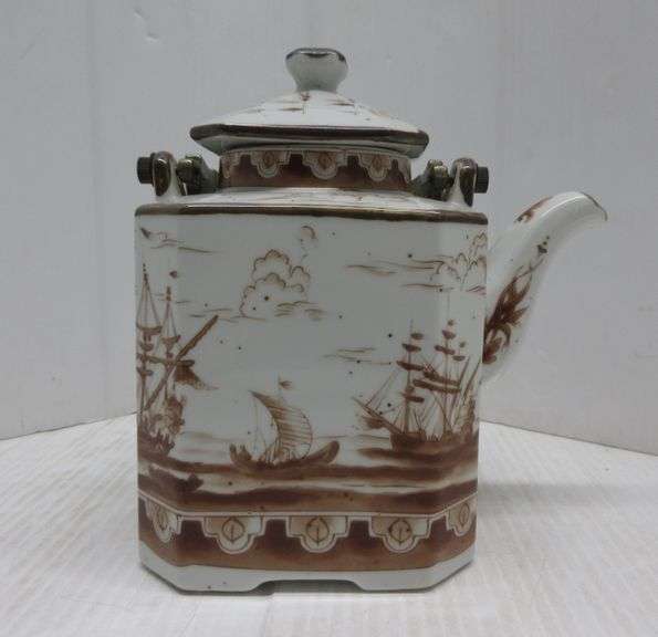 Older Asian Porcelain Teapot with Brass Handle, Brown Ship Scene ...