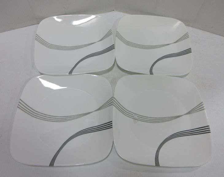 (4) Corelle Square Dinner Plates, Urban Arc Pattern, Black and Gray on ...