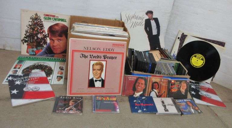 (2) Boxes of Records, CDs, Movies, Coin Collector Booklets, Ephemera ...