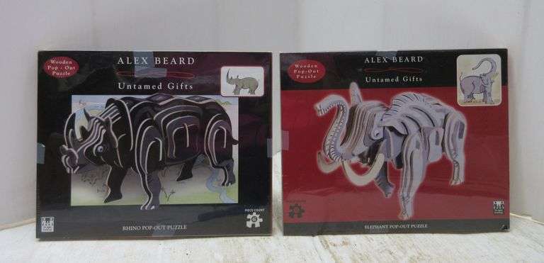 (2) Wood Pop-Out Puzzles, Alex Beard: 1- Rhino, and 1- Elephant ...