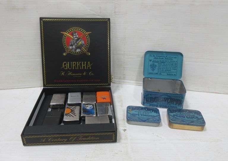 Curka Cigar Box with (9) Various Zippo Lighters and (3) Old Edgeworth ...