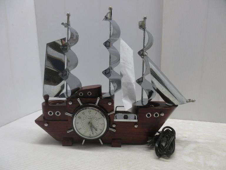 Mid-Century 1950's Lighted Ship with Clock, Ship is Cherry Wood with ...