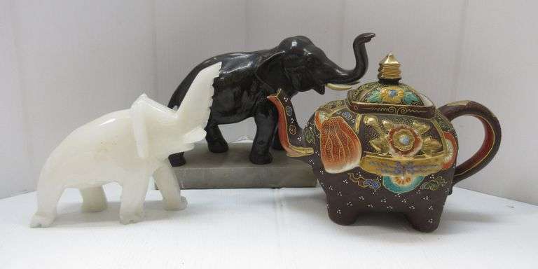 Carved Alabaster White Stone Elephant, 6 1/2"H; Cast Iron Elephant on ...