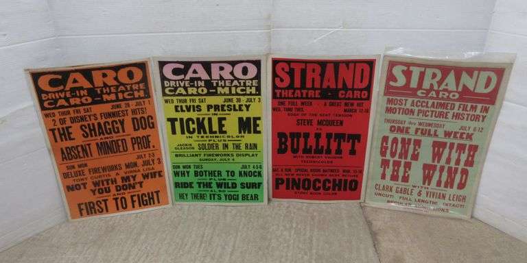 (4) Older Window Lobby Cards: 2- from Caro Drive In, 2- from Strand in ...