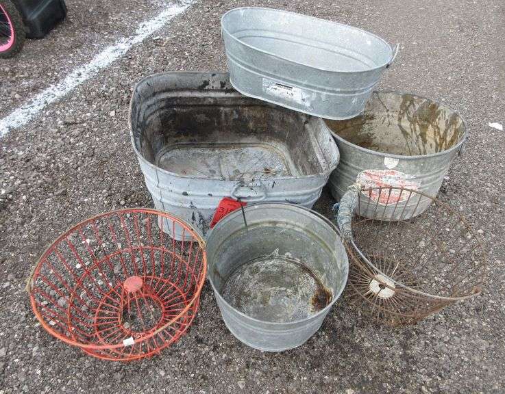 (6) Older Pails, and Buckets: One- 18"Dia x 12"H; One- Wire, 15"Dia x 9 ...
