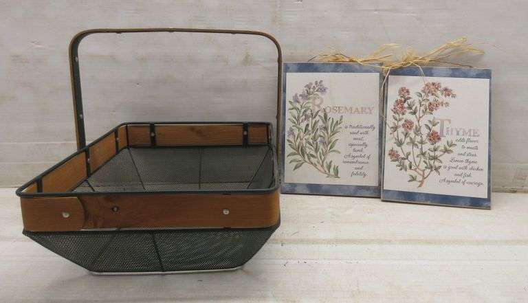 Decorative Wire/Wood Handled Basket, and (2) Hanging Herb Themed ...