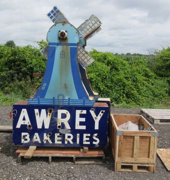 (2) Awrey Bakery Porcelain Signs with Wooden Crate of Many Parts ...