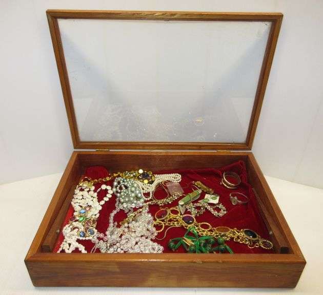 Glass Top Display Case, 21" x 15", Excellent; Older Costume Jewelry ...