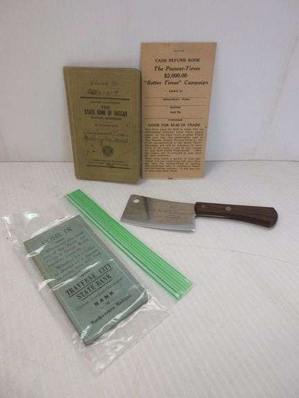 Assorted Older Bank Items, Include: Traverse City Needle Case, Vassar ...