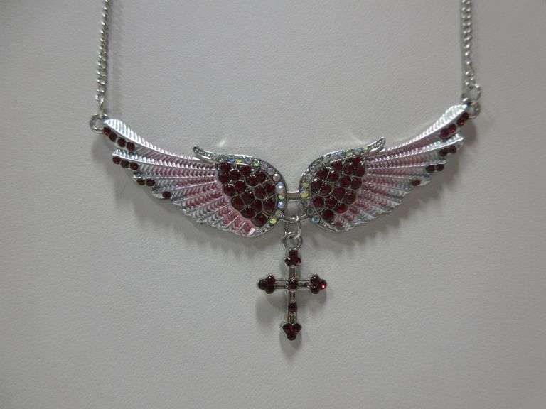 Silver-Tone Pink and Red Angel Wing Pendant on a 20" Chain, Small Cross ...