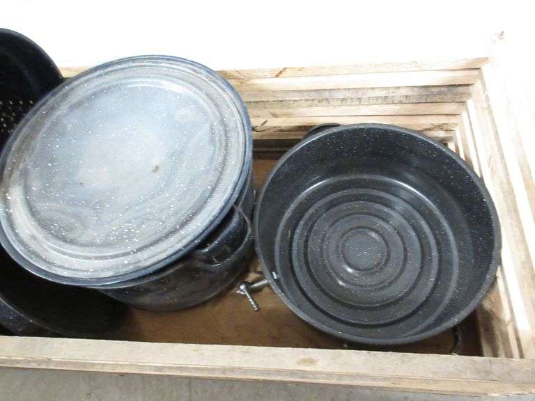 (3) Graniteware Canning Pots in Large Amish Oak Crate - Albrecht ...