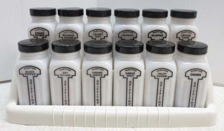 Old Spice Rack with (8) Milk Glass Bottles of Spices, Circa 1940s to ...