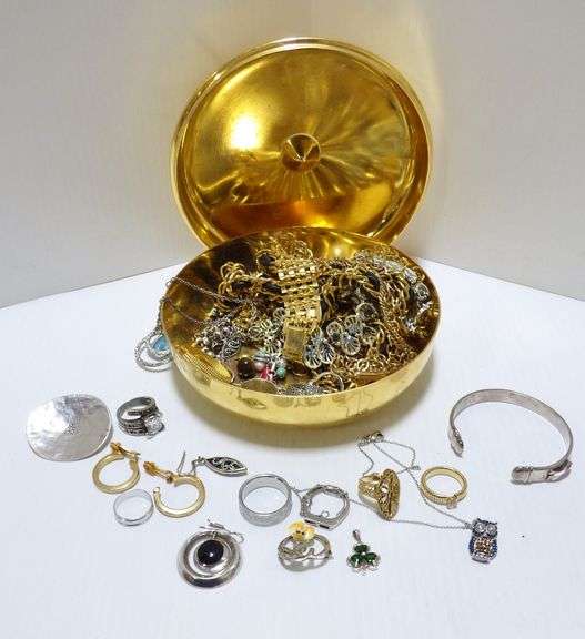 Untested jewelry in a quality Eaton, 6"Dia x 2"H, covered brass bowl ...