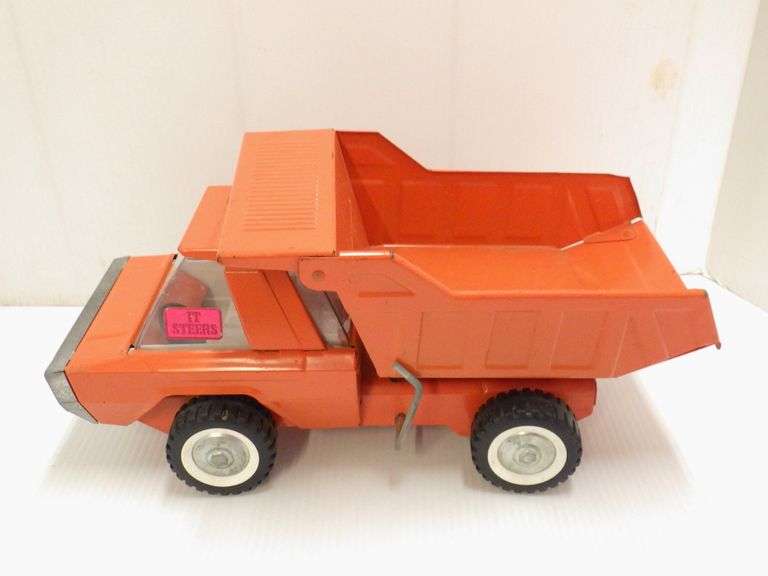 Vintage Buddy-L pressed steel dump truck, cracked windshield, sticker ...