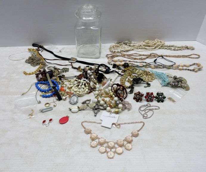Jar full of untested jewelry from an estate, jar- 5" x 5" x 10"; Except ...