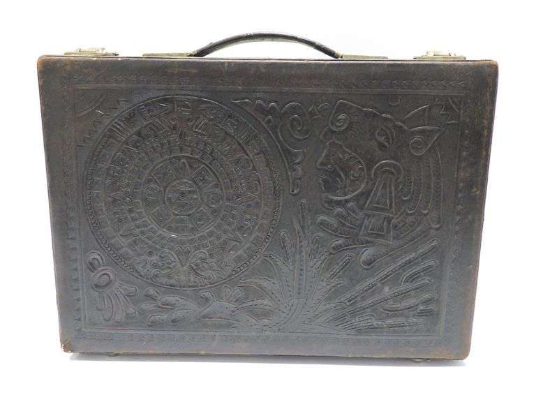 Vintage leather briefcase and copper wall hanging with Aztec/Mayan ...