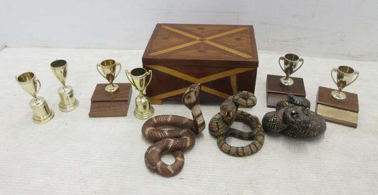 (3) Deadly snakes coiled, and (6) Small metal trophy cups, 3 1/2"H ...