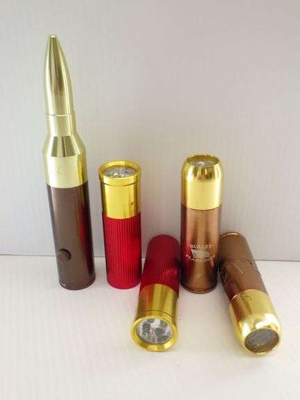 (5) Flashlights, include: 2- Shotgun shell design, 2- Pistol shell ...