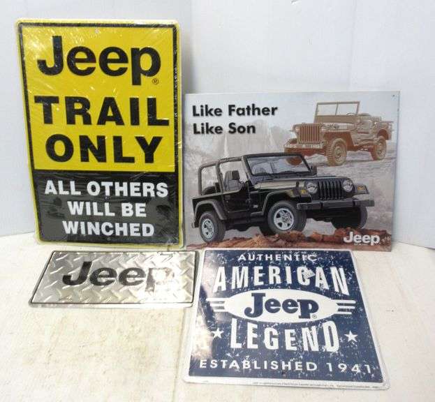 (4) Metal Jeep signs/license plates: 3- new wrapped in plastic, 12" x ...