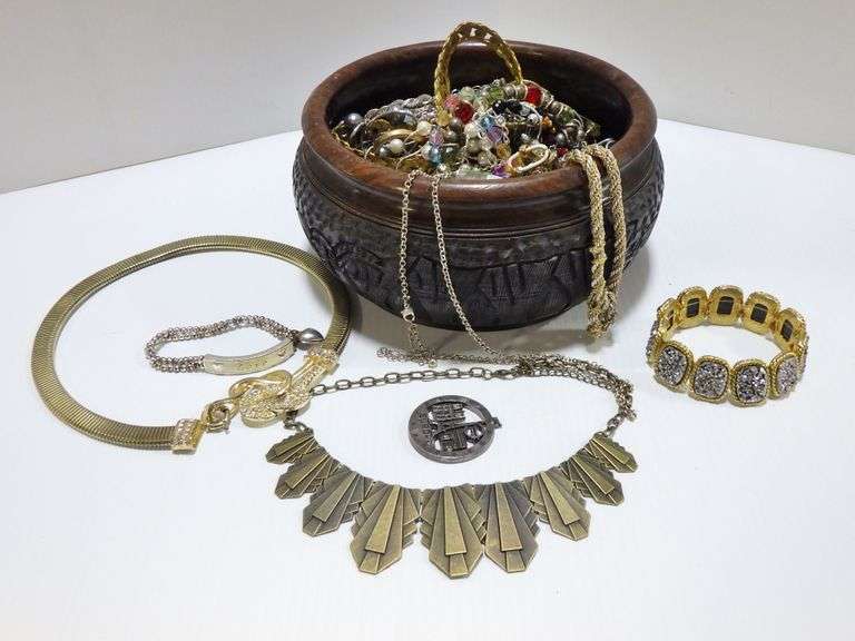 Over 5 lbs. of untested jewelry in a quality carved wooden bowl, 8"Dia ...