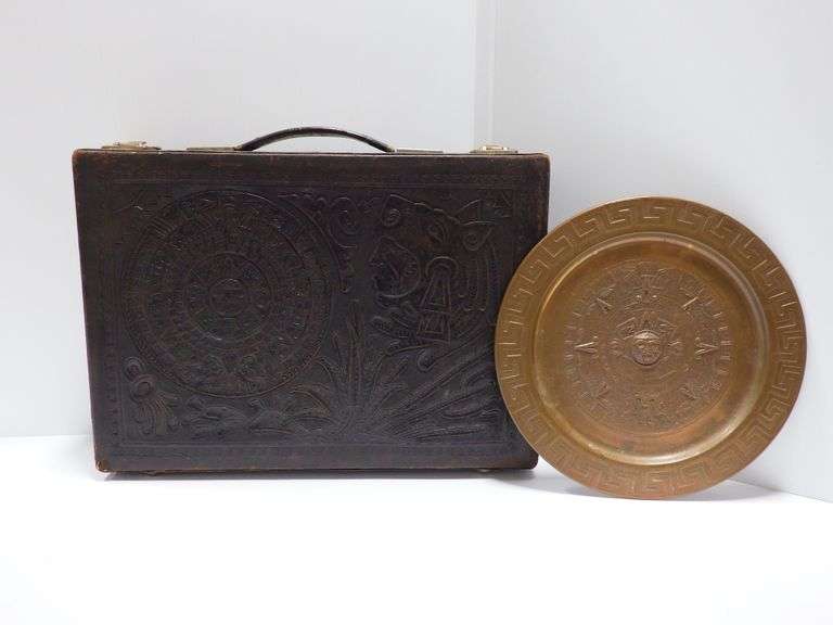 Vintage leather briefcase and copper wall hanging with Aztec/Mayan ...