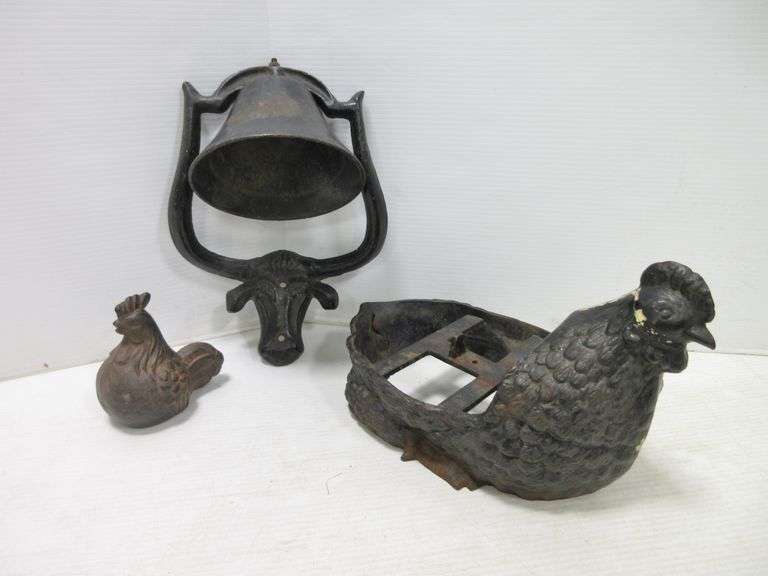Cast iron cow bracket with bell, approx. 12 1/2"H; Cast iron chicken ...