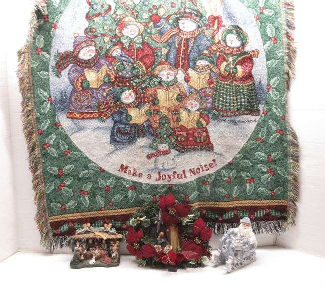 Snowman family throw; Santa and snowman in sleigh; Nativity scene, 9 1/ ...