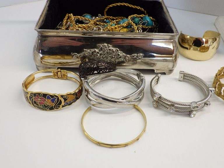 Silver plated jewelry box filled with untested jewelry, very nice, 7" x ...