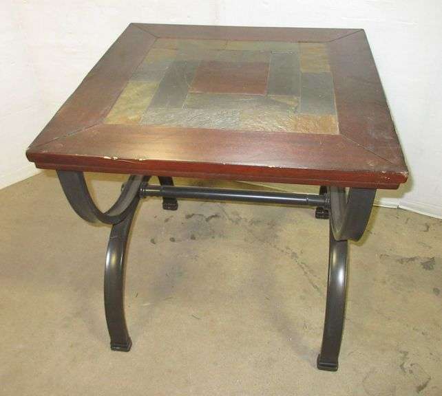 Metal wood and slate end table, 23 3/4" x 23 3/4" x 24"H, fair ...