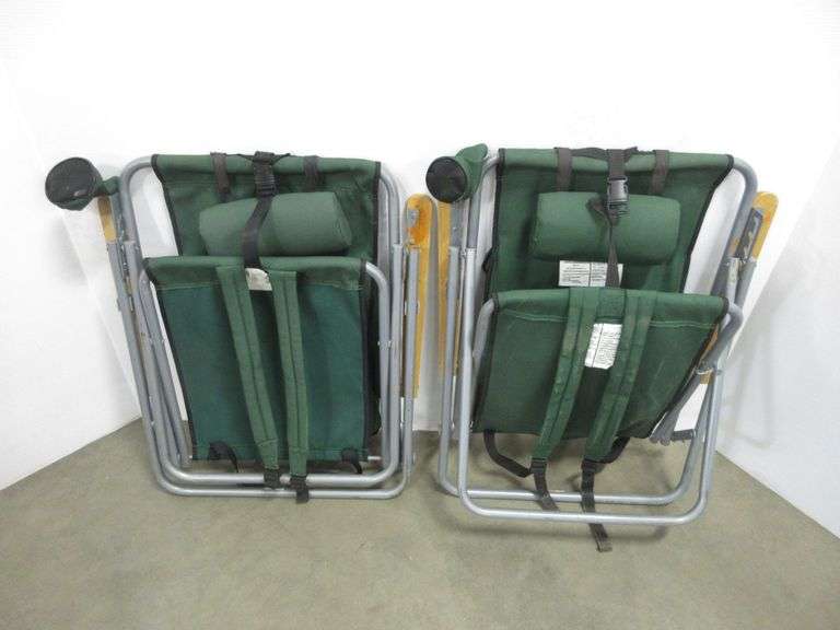 (2) Reo Gear green beach chairs, and a Blue stadium chair, great ...