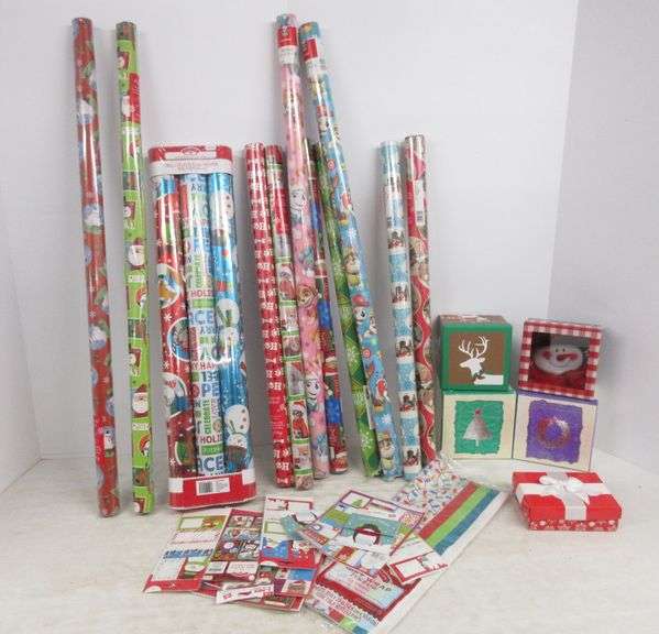 Gift wrap assortment: (13) Rolls paper, tissue paper, gift boxes, and ...