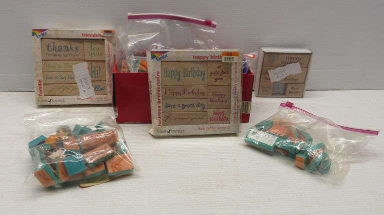 (6) Various stamps, includes: 2- Ziplocs, Shoe box, 3- Square boxes ...
