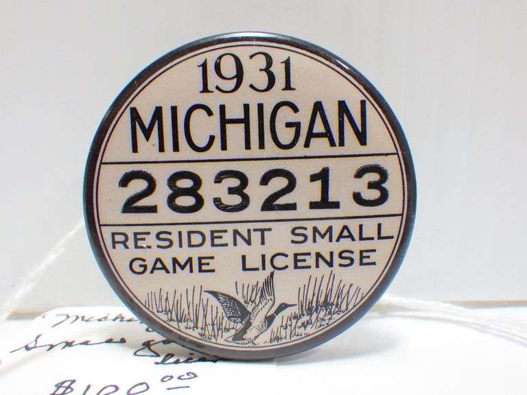 Michigan small game license pins, includes: 1928, 1929, 1930, and 1931 ...