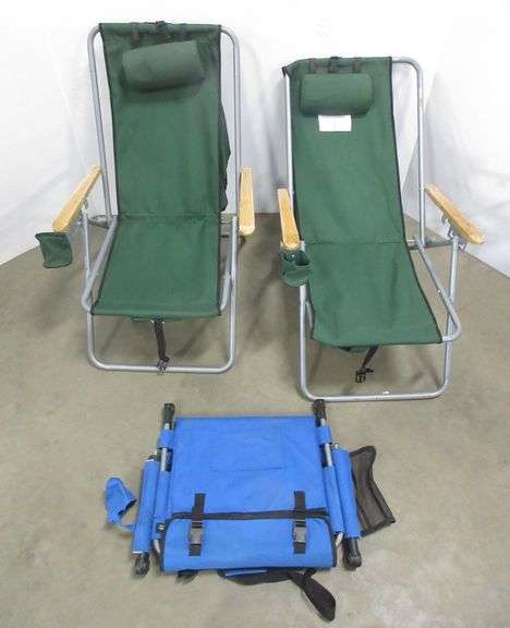 (2) Reo Gear green beach chairs, and a Blue stadium chair, great ...