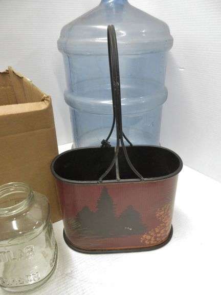 (20) Jars, an antique jar opener and a 5-gallon water jug, and a metal ...