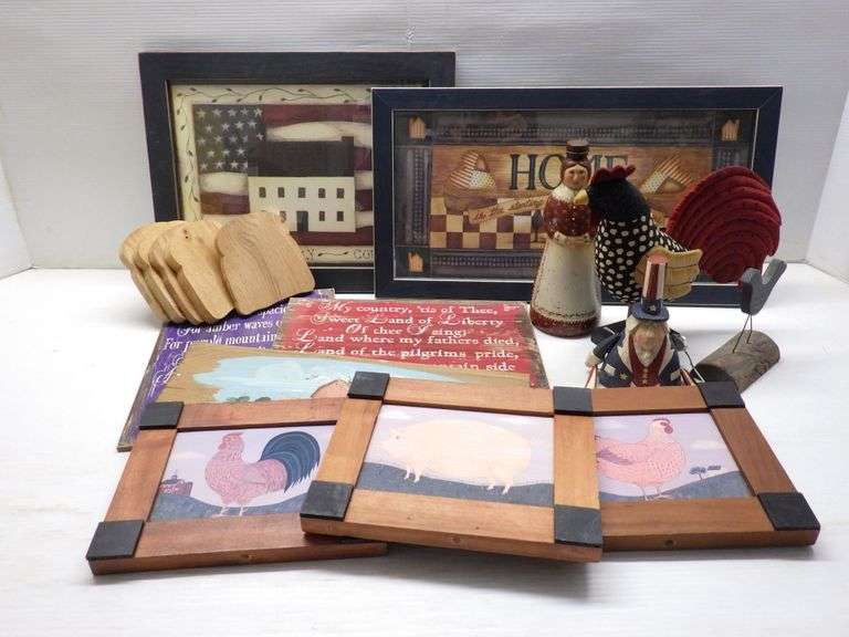 Folk Art, includes: (8) Pictures, wood bread, Uncle Sam, Mrs ...
