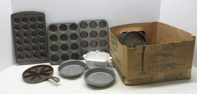Deep lasagna pan; (4) Round metal pie pans; (2) Big muffin pans; Small ...