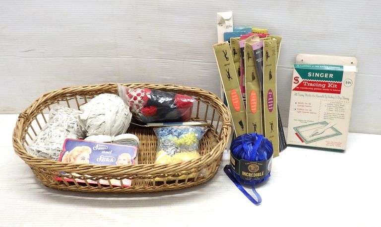 Basket full of older sewing notions, includes: Eye needles, "Sew and ...