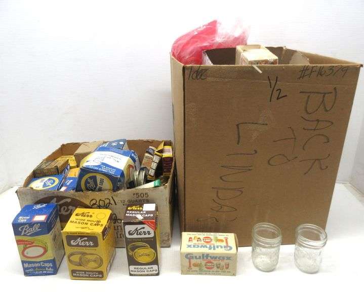Two boxes with over (30) older canning jars, includes: Ball, Kerr ...