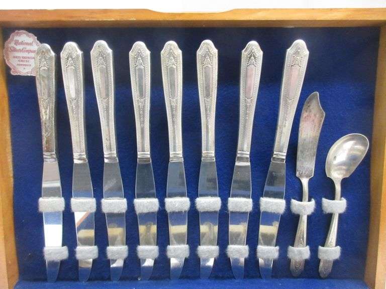 Monarch plated silverware set with box, missing two knives, box- 15"W x ...