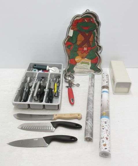 1989 Wilton Teenage Mutant Ninja Turtle cake pan; Tray of kitchen ...