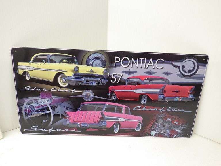 1957 Pontiac, 19"W x 10"H, tin sign - Albrecht Auction Service