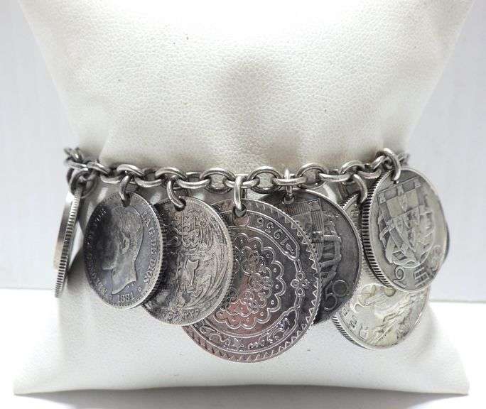 Antique 1881-1930s silver coin charm bracelet, 62.4g, 6 1/2"L, Foreign ...