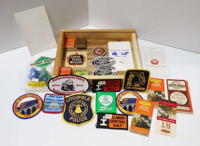 Shadow box of various railroad patches and other paraphernalia, box- 11 ...