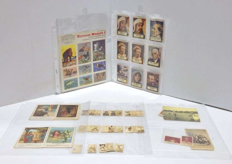 Vintage trading cards, and a Wildlife Conservation stamp sheet, include ...