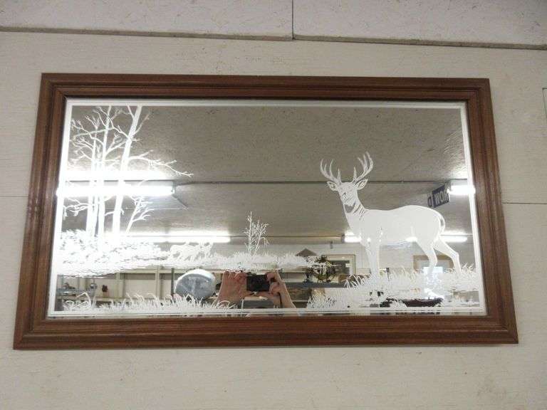 Wood Framed Etched Glass Mirror with Deer Scene - Albrecht Auction Service